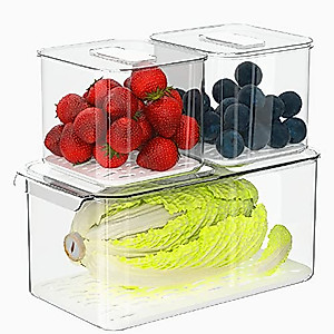 blitzlabs Fridge Food Storage Bin Containers Keeper Produce Saver, Stackable Organizer Bins Baskets with Lids and Removable Drain Tray for Veggie, Berry, Fruits and Vegetables, Set of 3