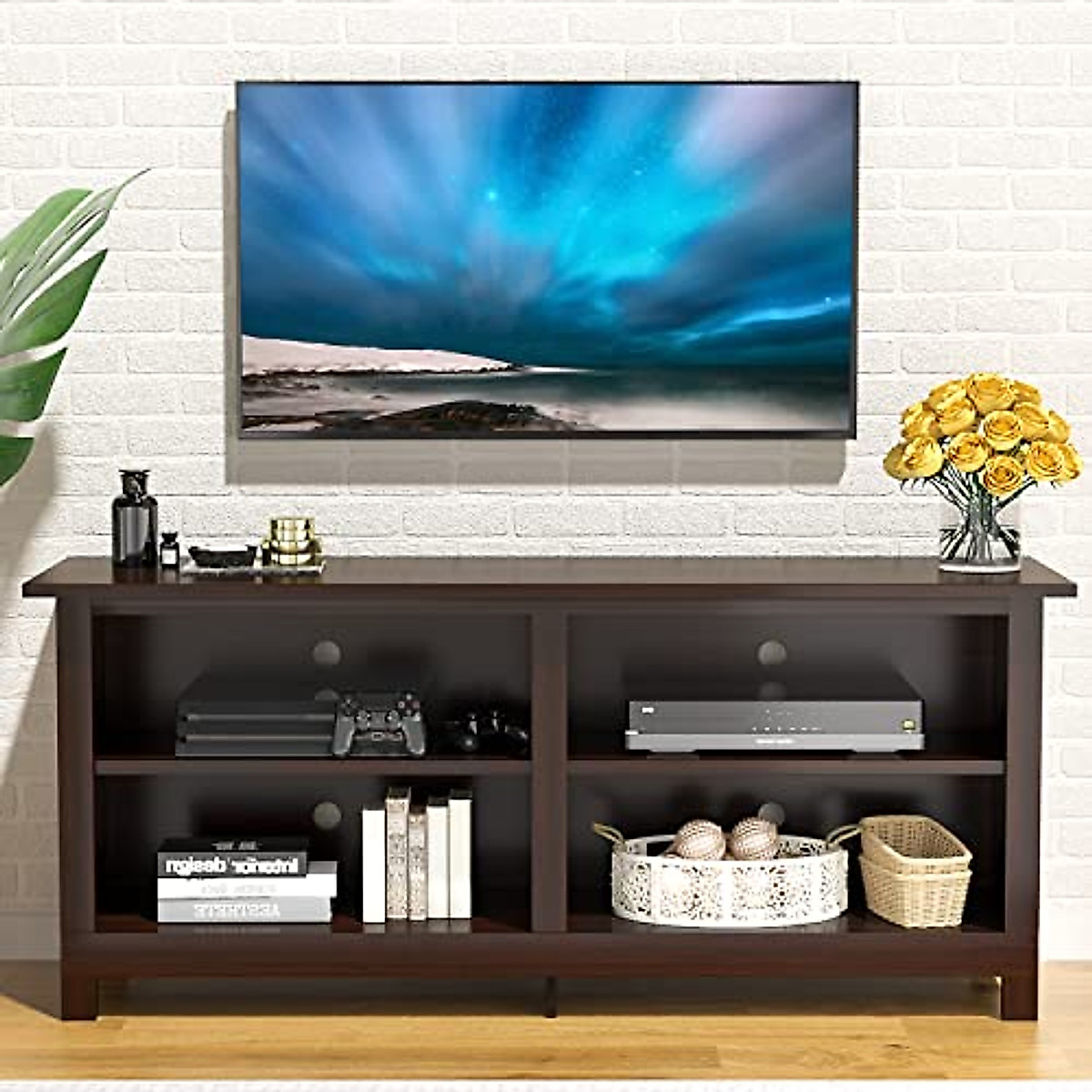 YESHOMY Classic 4 Cubby TV Stand for Televisions up to 65+ Inch, Media Entertainment Center Console Table with Four Open Storage Shelves & Cabinets, 58 Inch, 23.42” H x 15.75” D x 58.13” L, Espresso