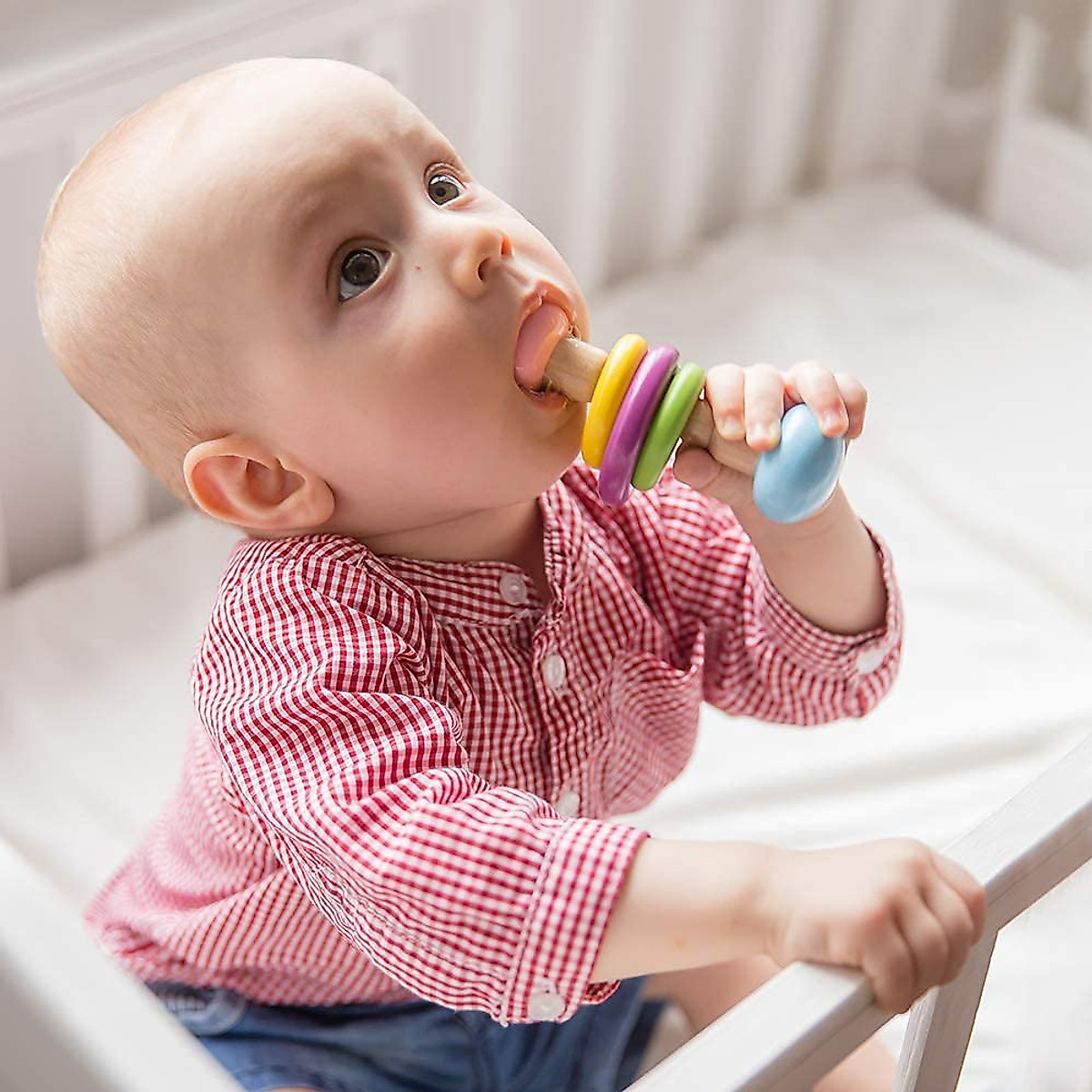 Bopoobo Wooden Baby Rattle-5PCS Natural Crochet Giraffe Organic Montessori Toys Wooden Baby Toys Early Development Rattle Perfect for Baby 6-12 Months Infant Wooden Toy Safe Wood Rattle Crafts