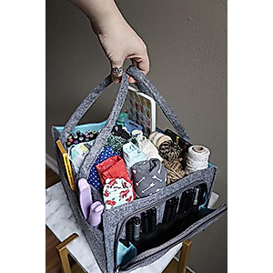 Premium Craft Supplies Storage Organizer with Zipper Pocket | Yarn & Knitting Caddy | Planner Tote | Customizable Compartment | Organize Tape, Needle, Scissors in Zipper Pocket