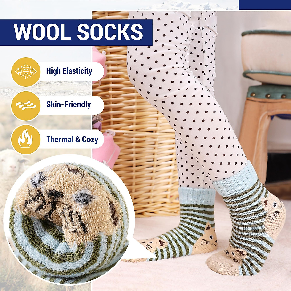 Eocom 6 Pairs Children's Winter Warm Wool Animal Crew Socks Kids Boys Girls Socks(4-7 Years,Cat)