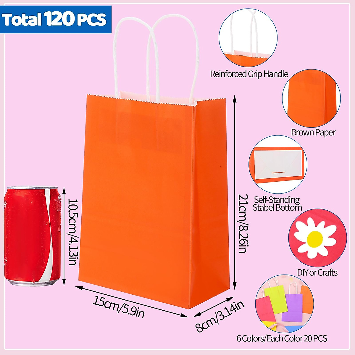 120 PCS Paper Gift Bags, 5.9x3.1x8.3 in Party Favor Bags with Handles Colorful Bulk Small Gift Bags for Kids Party Christmas Holiday Birthday Baby Shower Stocking Stuffers(6 Colors)