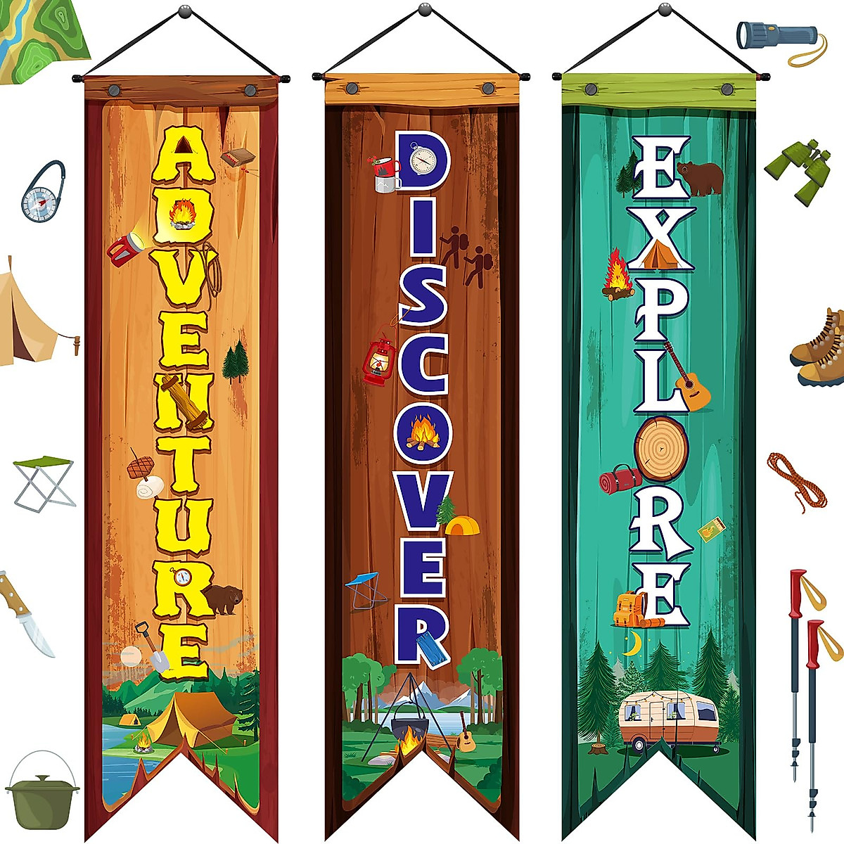Chiisong 3 Pcs Camping Party Banners Camping Door Porch Sign Camping Party Decoration Camper Adventure Sign Welcome Camping Banner for Camping Theme Birthday Party Classroom Campsite Decorations