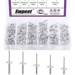 Swpeet 240Pcs 3/16" x 3/8" / 1/2" / 5/8"/ 3/4"/ 1" Large Flange Aluminum Blind Rivets Kit, Silver Pop Rivets Open End Type Pop Rivet for Indoor and Outdoor Use
