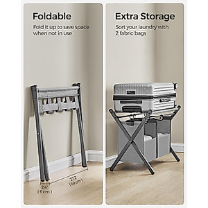 SONGMICS 2 Pack Luggage Racks with 2 Removable Laundry Bag, Set of 2 Suitcase Stands for Guest Room, Foldable for Space-Saving Storage, Steel Frame, Hotel, Bedroom, Slate Gray URLR008G02