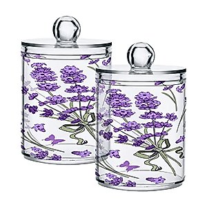 xigua Purple Flowers 2 Pack Qtip Holder Dispenser with Lid,Apothecary Jars Plastic Cotton Swabs Cans Clear Bathroom Storage Canister for Cotton Ball, Cotton Swab, Cotton Round Pads, Floss389