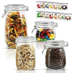 MASTERTOP 4pcs Glass Jars, Food Storage Containers Set with Airtight Lids, Canister Sets for Kitchen Counter, Cookies Sugar Coffee Nuts Spices, 15pcs Reusable Food Storage Bags, 50oz, 33oz, 26oz, 17oz