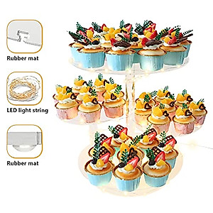 4 Tier Round Acrylic Cupcake Tower Stand for 50 Cupcakes, Cake Stand with LED String Light, Cupcake Holder for Halloween Christmas Birthday Wedding Graduation Baby Shower Tea Party