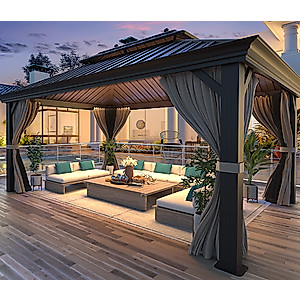 MELLCOM 12'x16' Hardtop Gazebo, Galvanized Steel Metal Double Roof Canopy with Curtains and Netting, Brown Permanent Pavilion Gazebos with Aluminum Frame for Patio, Lawn & Garden