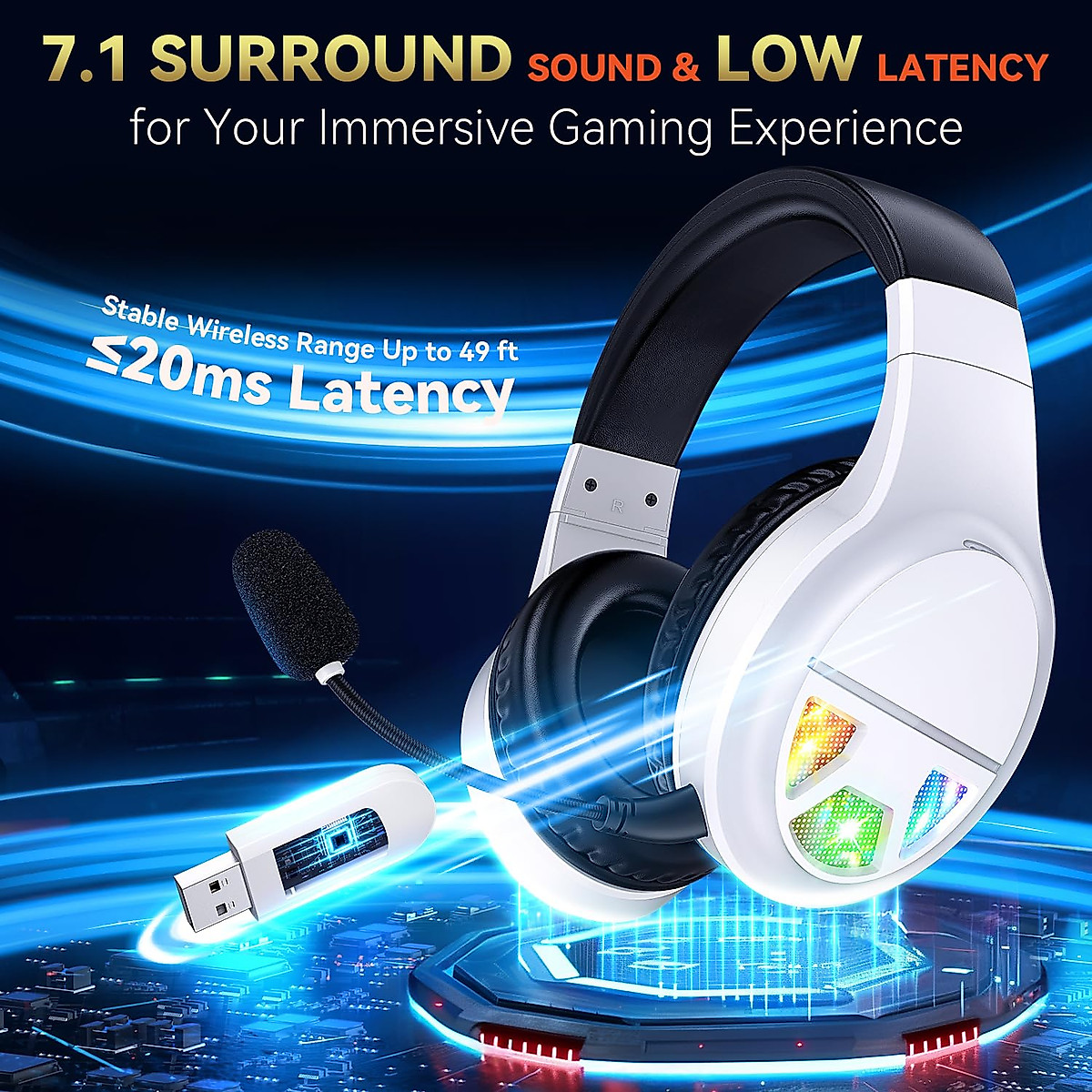 WiseWing 2.4GHz Wireless Gaming Headset for PC, PS5, PS4, Switch, USB Gaming Headphones with Noise Canceling Microphone, Bluetooth 5.4, RGB Lights, 60H Battery Headsets for Mac, Laptop, Mobile
