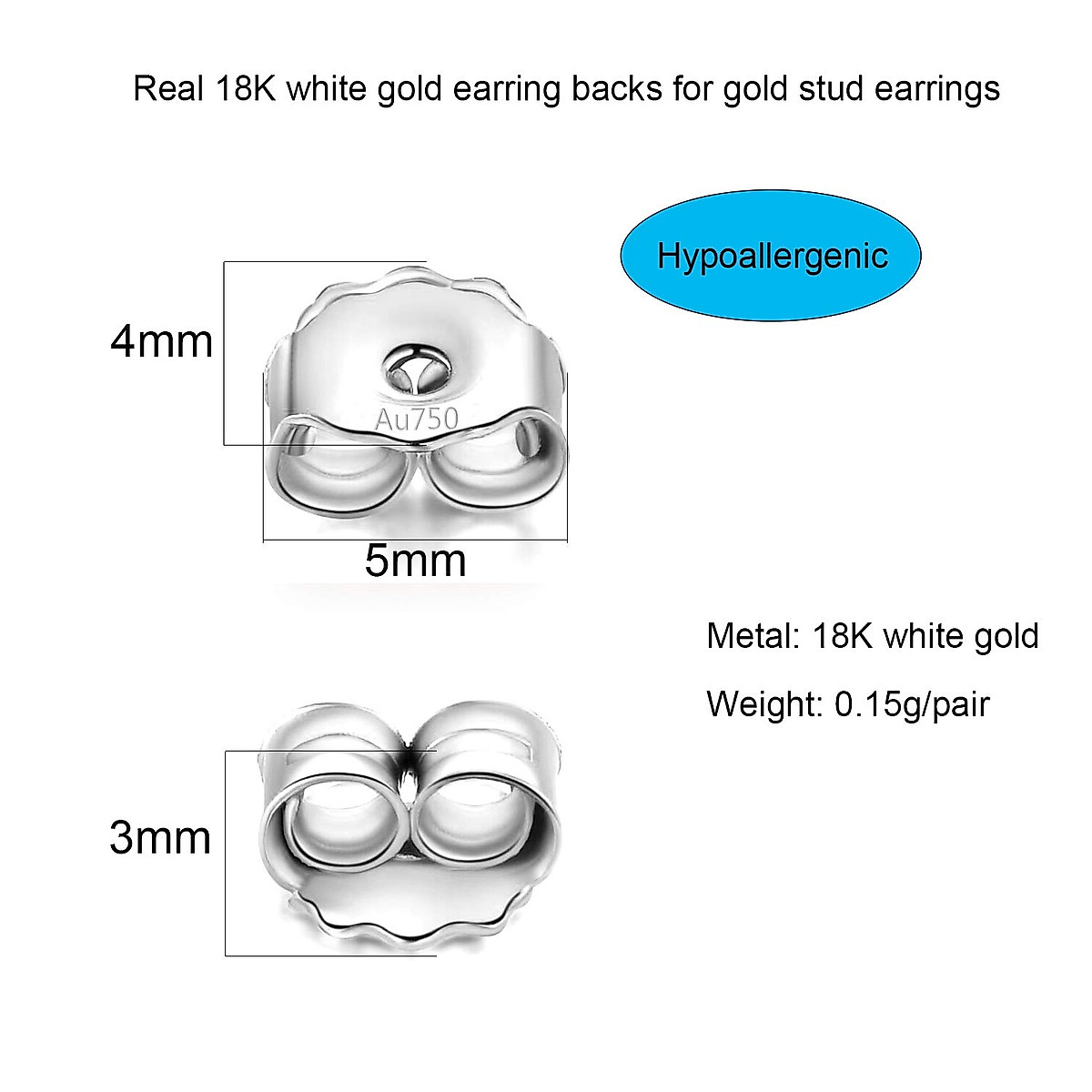 18K White Gold Earring Backs Small Tiny Hypoallergenic Butterfly Ear Extra Post Findings Safety for Studs Replacement (18K White Gold Earring Backs)