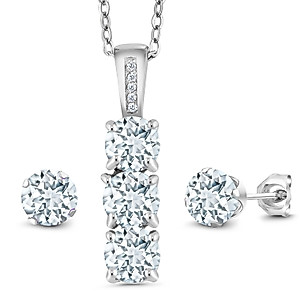 Gem Stone King 925 Sterling Silver 5MM Gemstone Birthstone and White Diamond 3-Stone Pendant and Earrings Jewelry Set For Women | With 18 Inch Chain