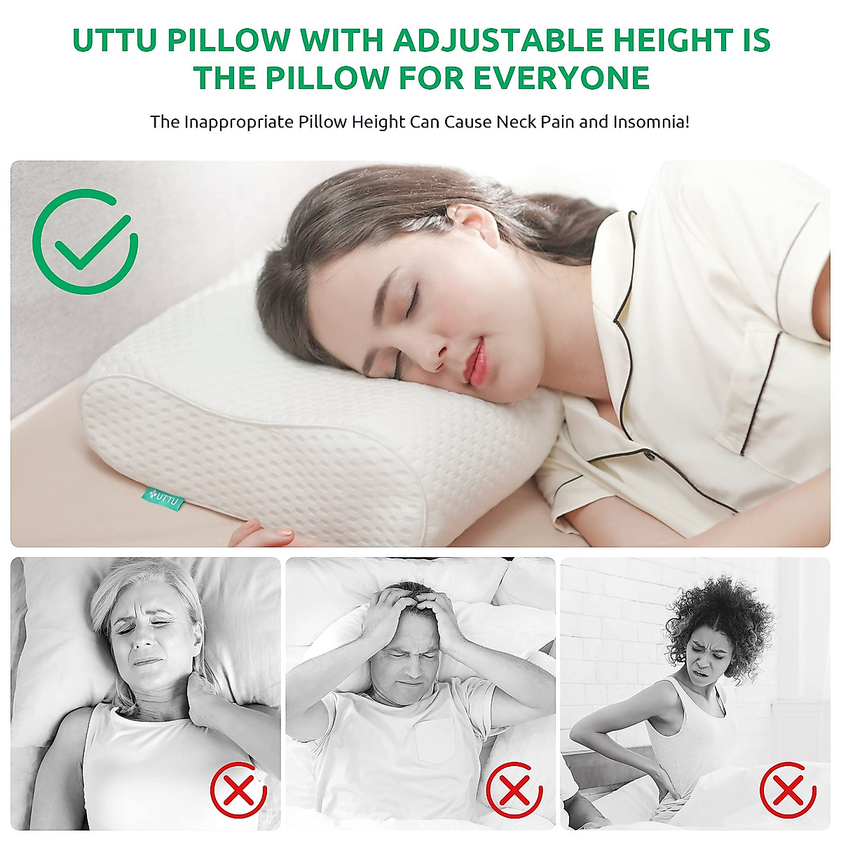 UTTU Cervical Pillow for Neck Strain Relief, Memory Foam Neck Pillow for Sleeping, Adjustable Orthopedic Sandwich Pillow, Contour Cooling for Side Back Stomach Sleeper, Travel(15.7"×11"×4.7"/3.9")