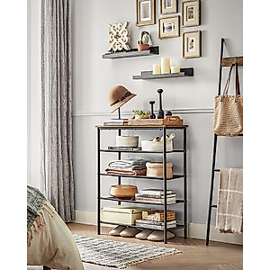 VASAGLE Shoe Rack 5 Tier, Narrow Shoe Organizer for Closet Entryway, with 4 Fabric Shelves and Top for Bags, Shoe Shelf, Steel Frame, Industrial, Rustic Brown and Black ULBS036B01