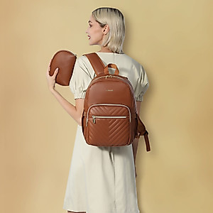 LOVEVOOK Backpack Purse for Women Ladies Backpack Leather Fashion Backpacks Cute Travel Backpack Waterproof,with plenty of compartments include 14 inch laptop pocket， 2pcs Sets ,Brown