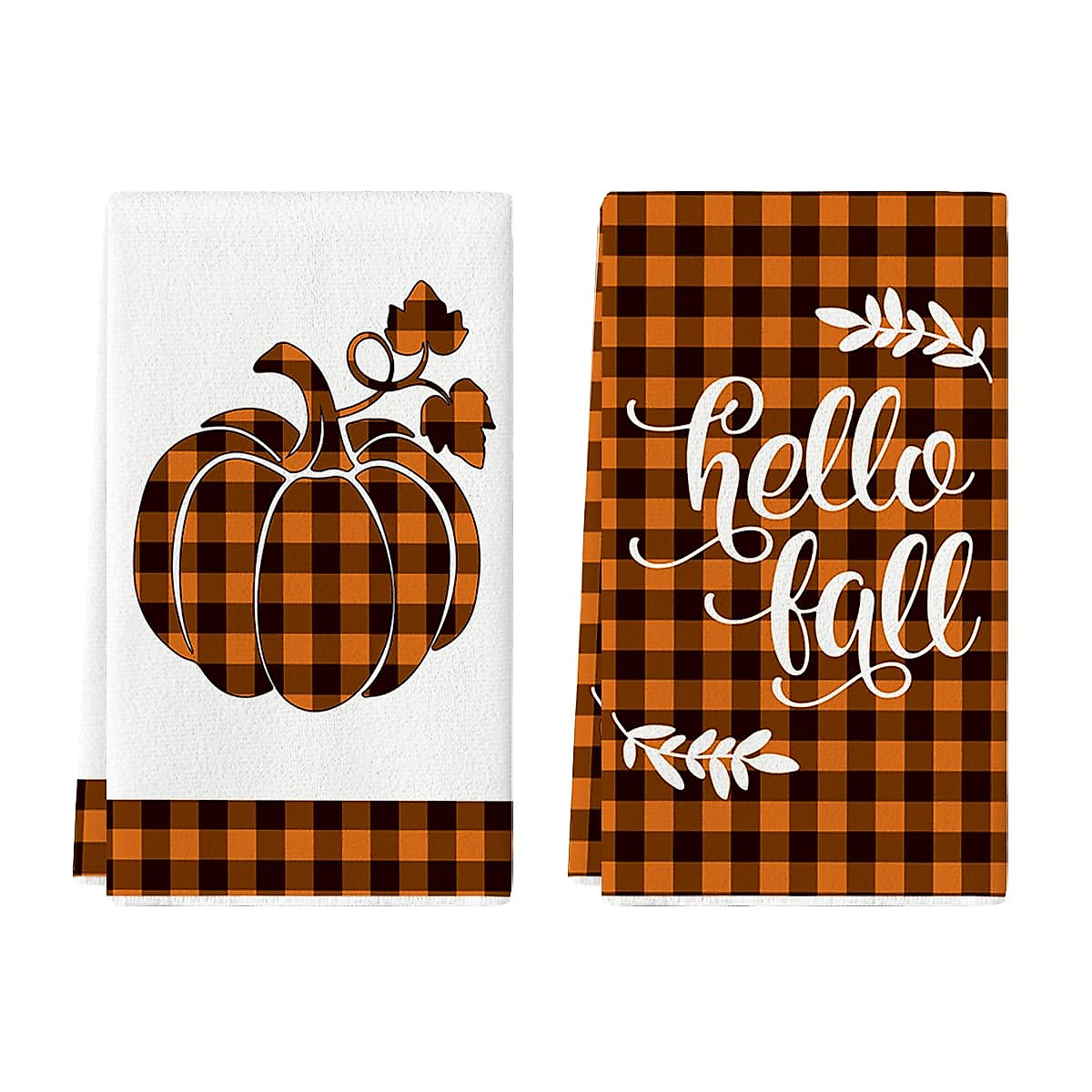 Artoid Mode Buffalo Plaid Pumpkin Hello Fall Kitchen Towels Dish Towels, 18x26 Inch Eucalyptus Leaves Decoration Hand Towels Set of 2