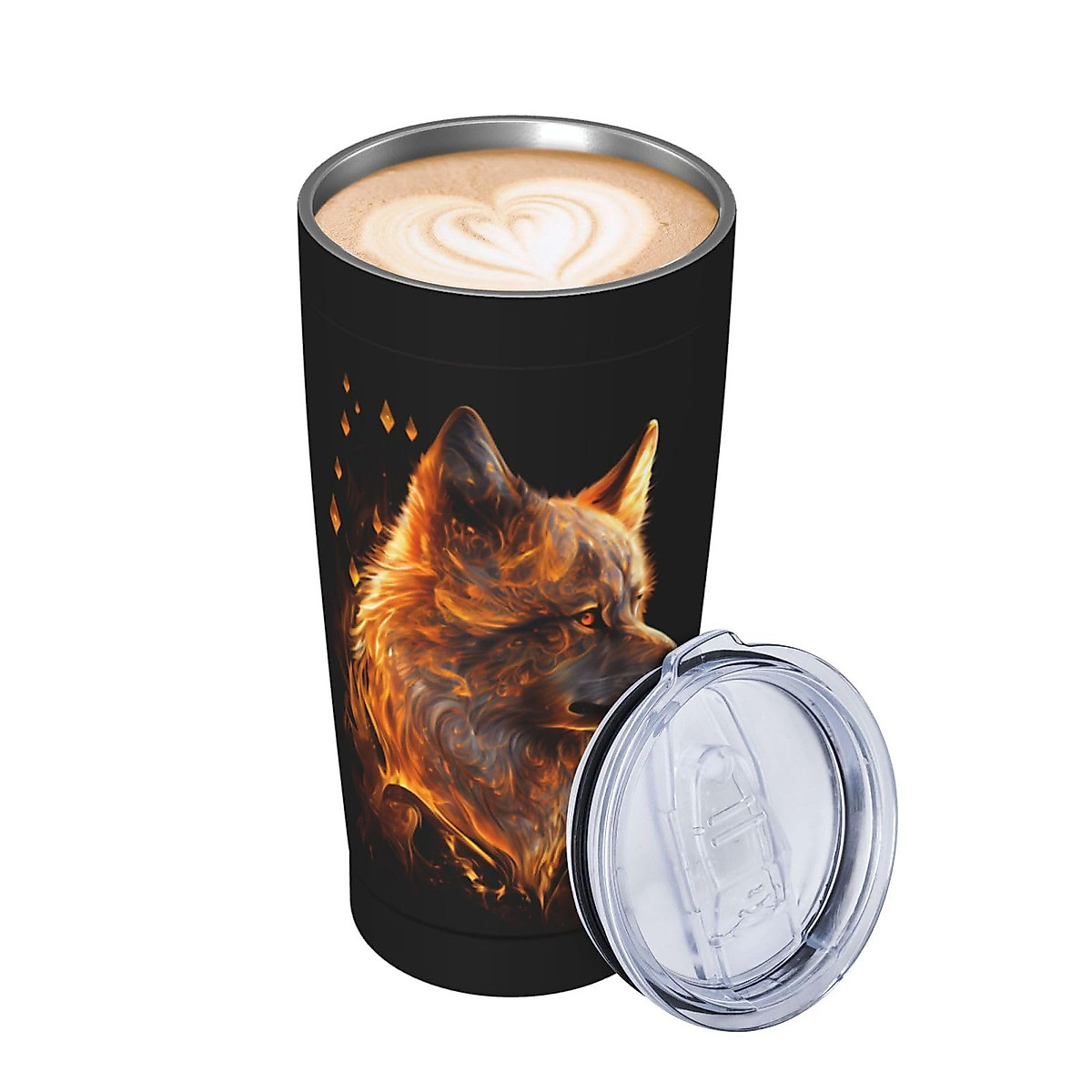 Buewutiry Gold Flame Pattern Wolf Tumbler with Lid and Straw, Cute 20 Oz Stainless Steel Insulated Tumbler Water Bottle Cup, Travel Coffee Mug Personalized Tumbler