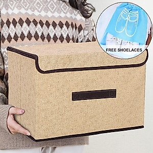 Fabric storage boxes and storage boxes, with handles and flip design, large foldable boxes, used to store books, clothes, toys, family bedroom closets, office storage bags. (2 pieces in beige)