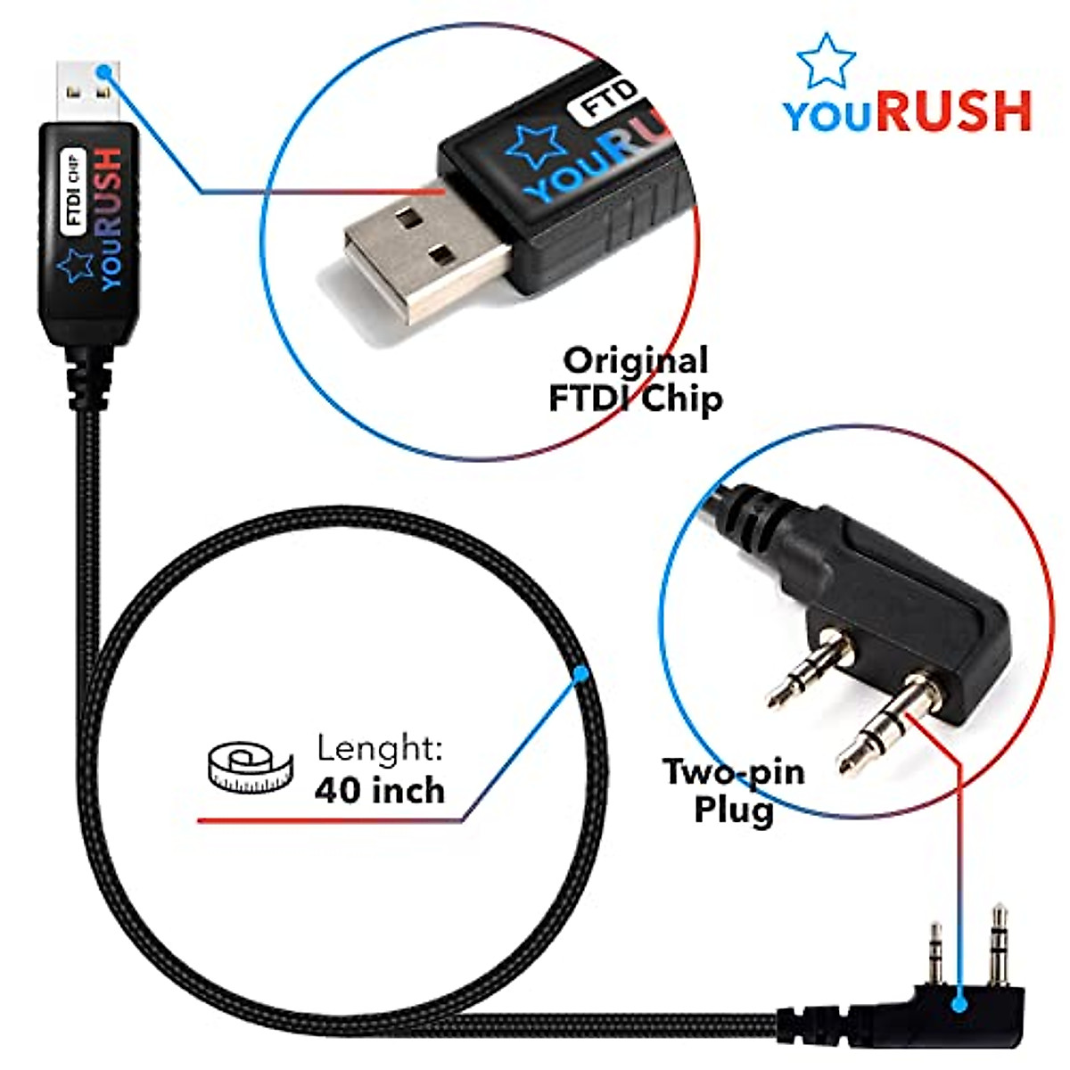 youRUSH Chirp Premium FTDI USB Programming Cable 1m Black Compatible with Baofeng Ham Radio UV-5R BF-F8HP GT-3TP BF-888S UV-82 UV-S9Plus and for Kenwood Radios with K Plug 2 pin. Easy Plug & Play