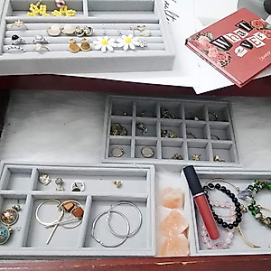 MINGRI Jewelry Organizer Trays,Earring Holder Tray Stackable Velvet Drawer Organizer Tray for Necklace,Ring,Bracelet Brooch Watch,Jewelry Storage Display Case Insert for Women Girls Set of 4 (Gray)