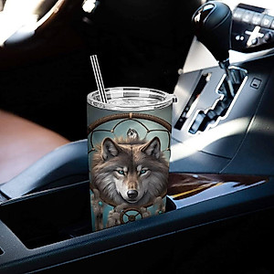 ZXDSKGYN 20 Oz Tumbler With Straw Leak Proof Thermos Cup, 3D Wolf Dream Catcher Stainless Steel Insulated Travel Coffee Mug Fit for Car Cup Holder