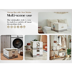 LoforHoney Home Large Storage Bins with Lids, Collapsible Storage Bins with Clear Windows, Blanket Storage Baskets with Zip Lids, Closet Storage Bins for Clothes, Beige & Gray, 2-Pack, 17.7x13.8x9.8