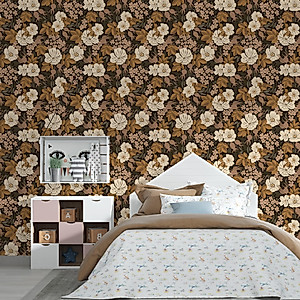UniGoos Beige Flowers Peel and Stick Wallpaper Brown Leaves Temporary Wall Paper Roll Modern Self Adhesive Contact Paper for Cabinet Kids Room DIY Decor 17.7" x 118.1"