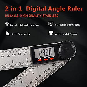 Digital Angle Finder Protractor,2 in 1 Auzof Angle Finder Ruler,7Inch / 200mm Stainless Steel Angle Measuring Tool with LCD Display for Woodworking/Carpenter(2 Batteries Included)