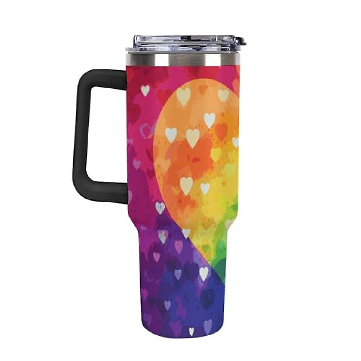 LLUTSNTH 40 Oz Vacuum Tumbler with Black Handle Leakproof Insulated Tumbler Colorful Rainbow Love Heart Stainless Steel Travel Mug with Lid And Straw Coffee Cup Cute Water Bottles Cup Holder Friendly