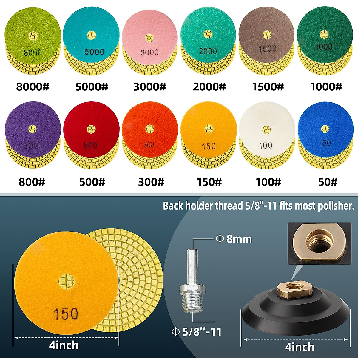 14 Pack 4 Inch Diamond Polishing Pads Kit with 2PCS 5/8’’-11 Backer Pad 12PCS Wet/Dry Polish Pad Set for Drill Grinder Polisher 50-8000 Grit Pads for Granite Marble Stone Concrete Countertop Quartz