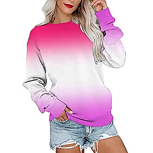 Womens Casual Round Neck Sweatshirt Long Sleeve Top Gradient Color Matching Pullover Loose Version (b-Hot Pink, M)