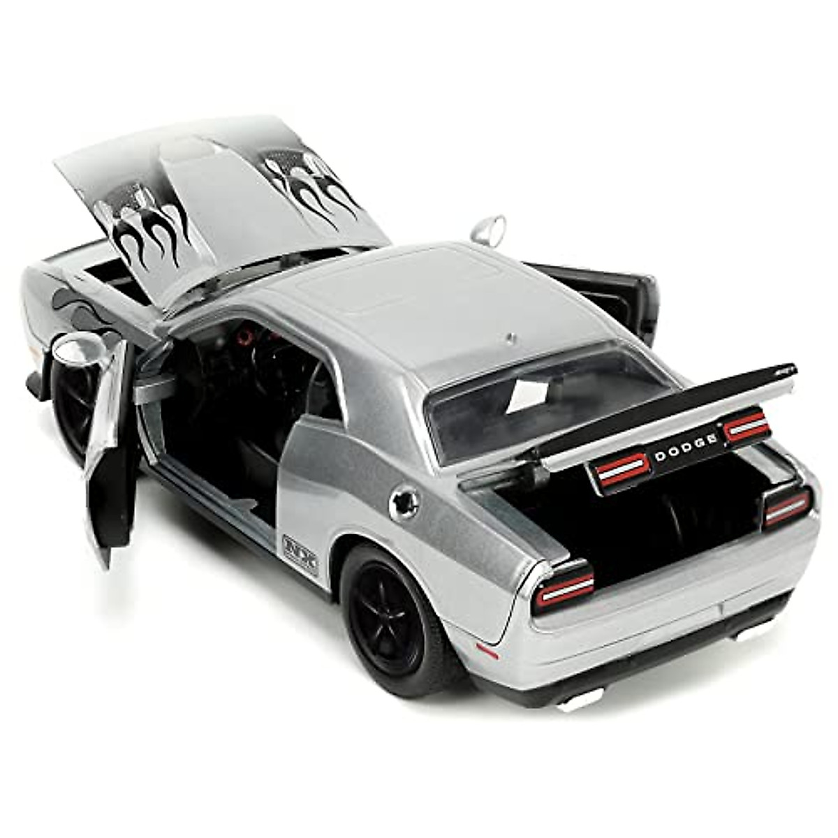 Jada Toys Big Time Muscle 1:24 2015 Dodge Challenger SRT Hellcat Die-cast Car Silver/Black Flames, Toys for Kids and Adults