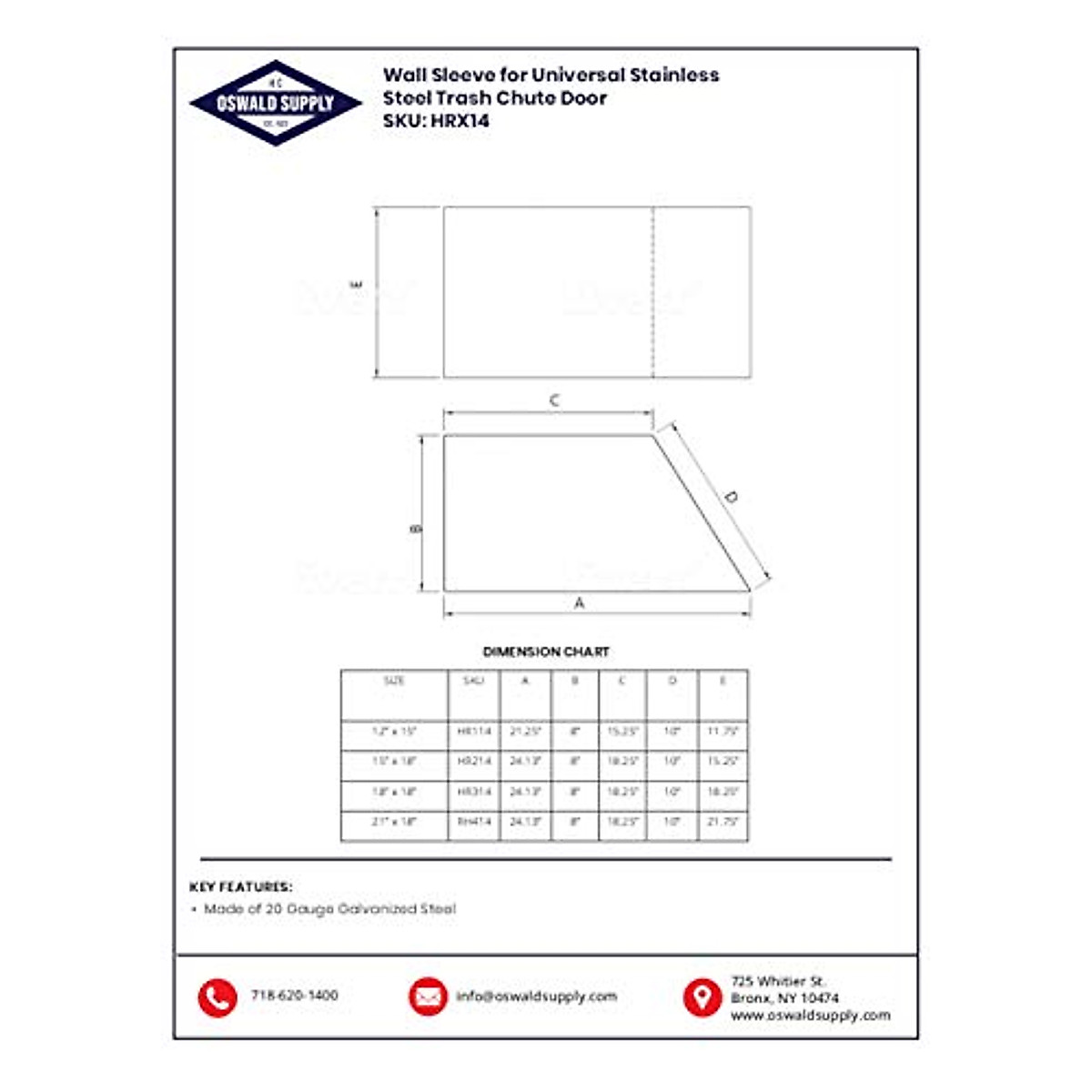 Oswald Supply Stainless Steel Trash Chute Door Wall Sleeve - for Laundry or Garbage (12" X 15")