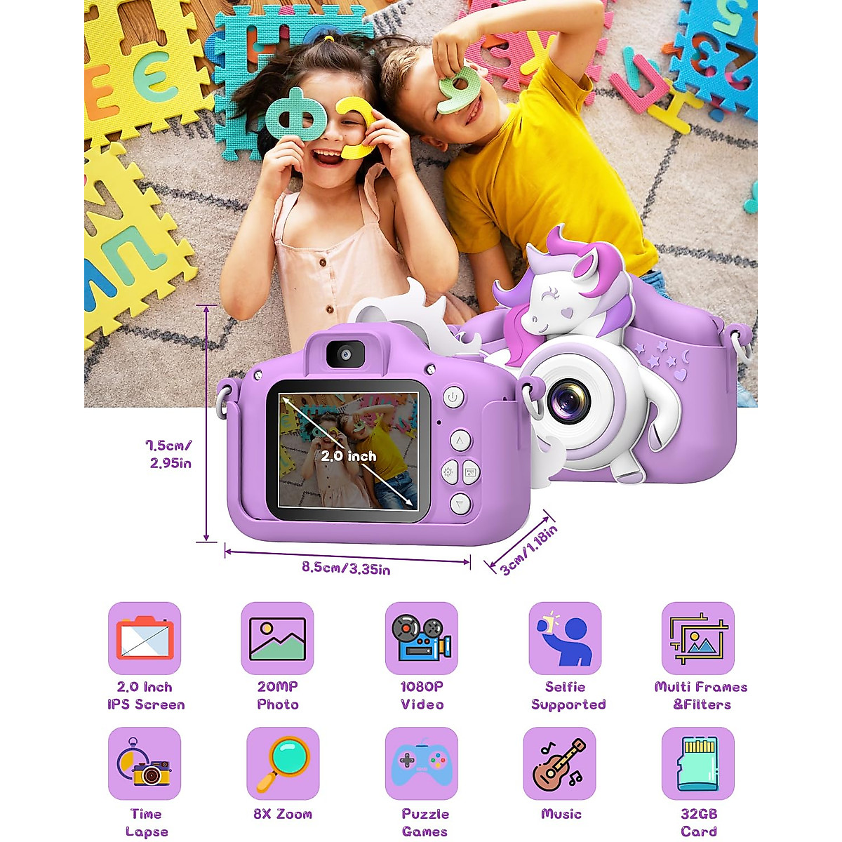 Kids Camera for 3-8 Years Old Toddlers Childrens Boys Girls Selfie Camera 20.0 MP HD 1080P IPS Screen Dual Digital Toy Camera for Kids Christmas Birthday Gifts