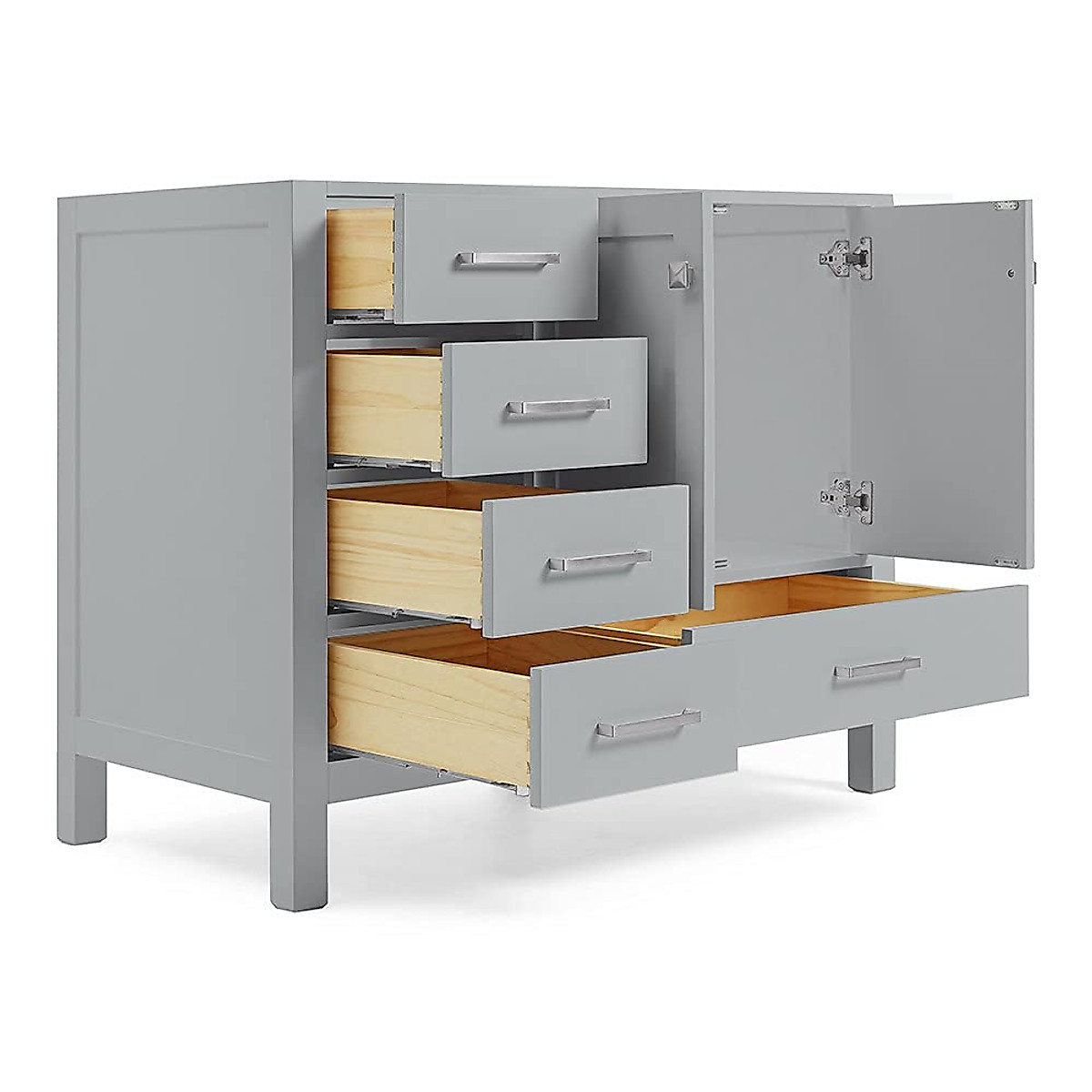 ARIEL 42" Grey Bathroom Vanity Base Cabinet, Right Offset Sink Configuration, 2 Soft Closing Doors, 9 Full Extension Dovetail Drawers, Brushed Nickel