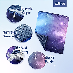 Solfres Small Weighted Lap Pad Blanket Throw for Kids Boys Teens 20in x 23in 5 Lbs - Sleep Therapy Plush Travel Size with Removable Cover, Galaxy Space Stars, Washable, Dark Blue