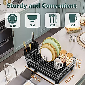 AIDERLY Iron Dish Drying Rack with Drainboard Dish Drainers for Kitchen Counter Extendable Spout Strainers with Utensil Holder and Knife Slots, Grey