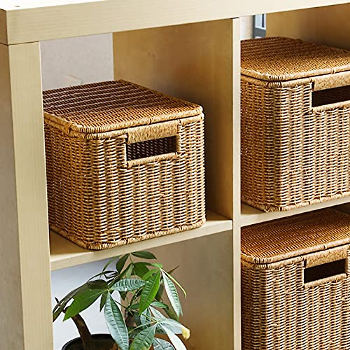 Zerodeko Baskets Woven Basket Wicker Basket Organizer with Lid Handwoven Seagrass Storage Bins Box Rectangular Plastic Basket Storage Organizer Wicker Basket for Home Office Shelf Storage Basket