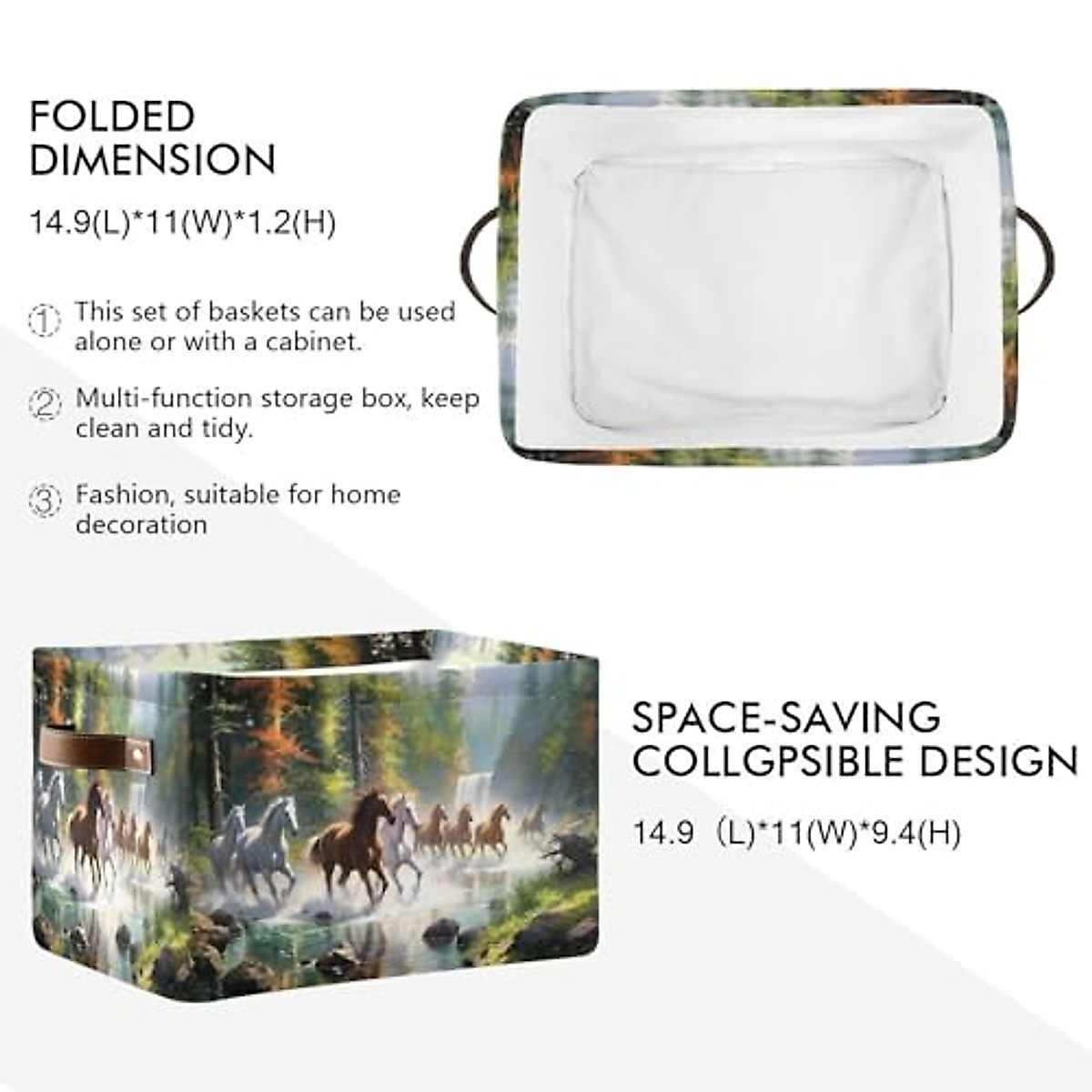 STAYTOP Large Storage Basket Collapsible Toy Storage Bins Waterproof Laundry Basket with Handle.Used for Home Closets, Offices, Bedrooms, Kids Toy and Gift Baskets-Running Horses（Rectangular）2PCS