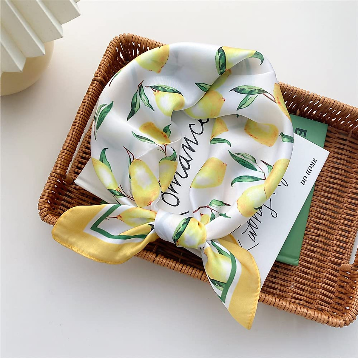 NaSoPerfect Silk Like Scarf Square Handkerchief Lemon Pattern Satin Ribbon Neck Scarfs for Women Yellow 21" x 21"