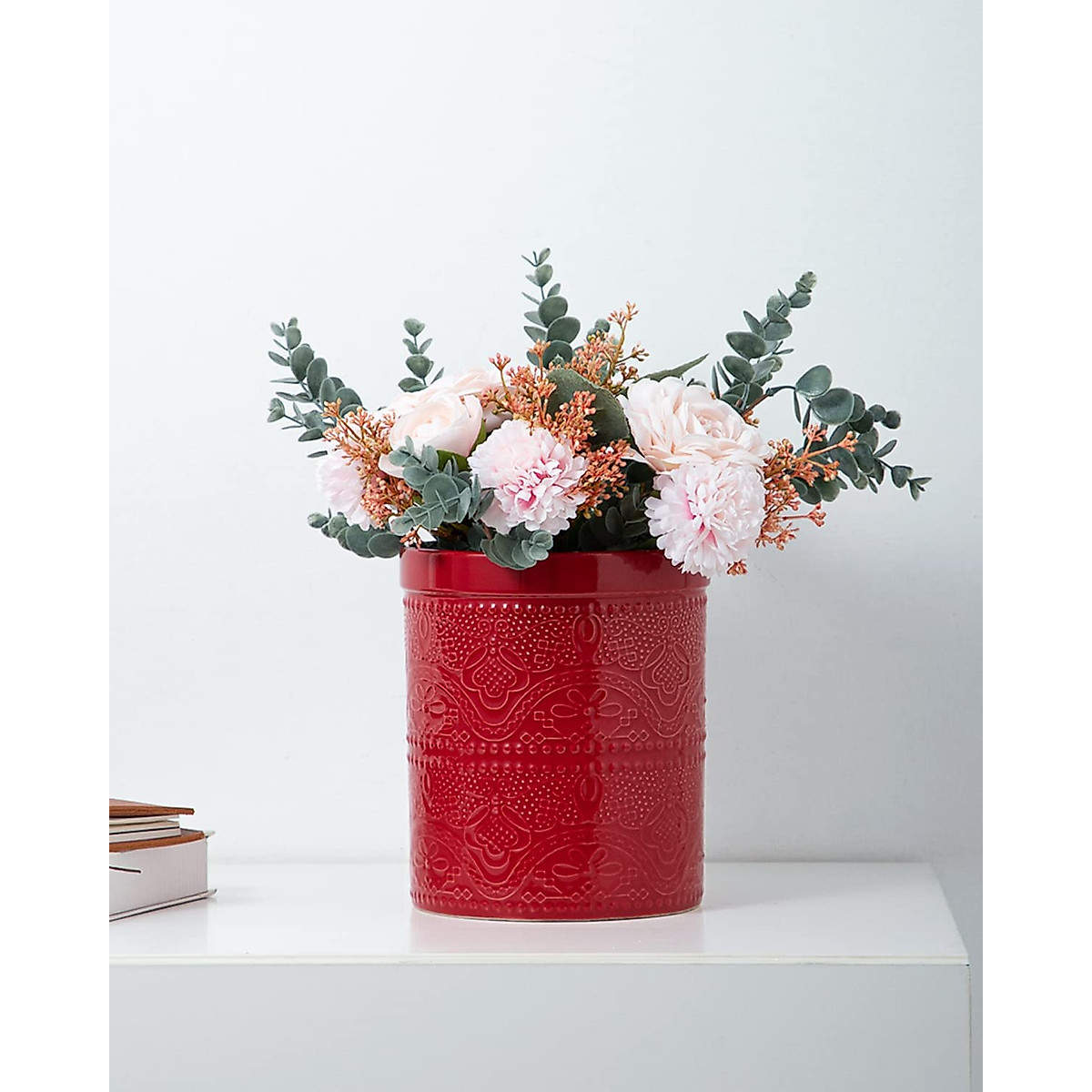 FUN ELEMENTS Kitchen Utensil Holder, 7.2" Super Large Utensil Crock Heavy and Stable Lace Emboss Ceramic Utensil Holder for Kitchen Counter (Christmas Red)