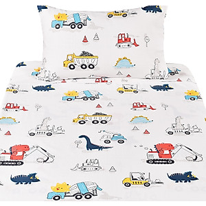 J pinno Dinosaur Construction Work Digger Cars Vehicle Cute Cozy Fun Twin Sheet Set for Kids Girls Children, 100% Cotton, Flat Sheet + Fitted Sheet + Pillowcase Bedding Set (Dinosaur, Twin)
