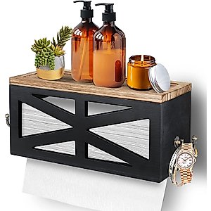 Solid Wood Paper Towel Dispenser Wall Mounted, Paper Towel Holder Wall Mount with Lid, Commercial C-Fold, Z-Fold, Trifold Hand Paper Towel Holder Dispenser, Napkin Holder with Metal Hooks for Kitchen