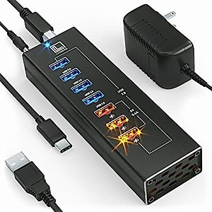 LATORICE Powered USB Hub - Multi-Port USB Hub with 7 USB 3.0 Ports, 3 Fast Charging USB 3 0 Ports, with Cords C and A, Power USB HUB Adapter