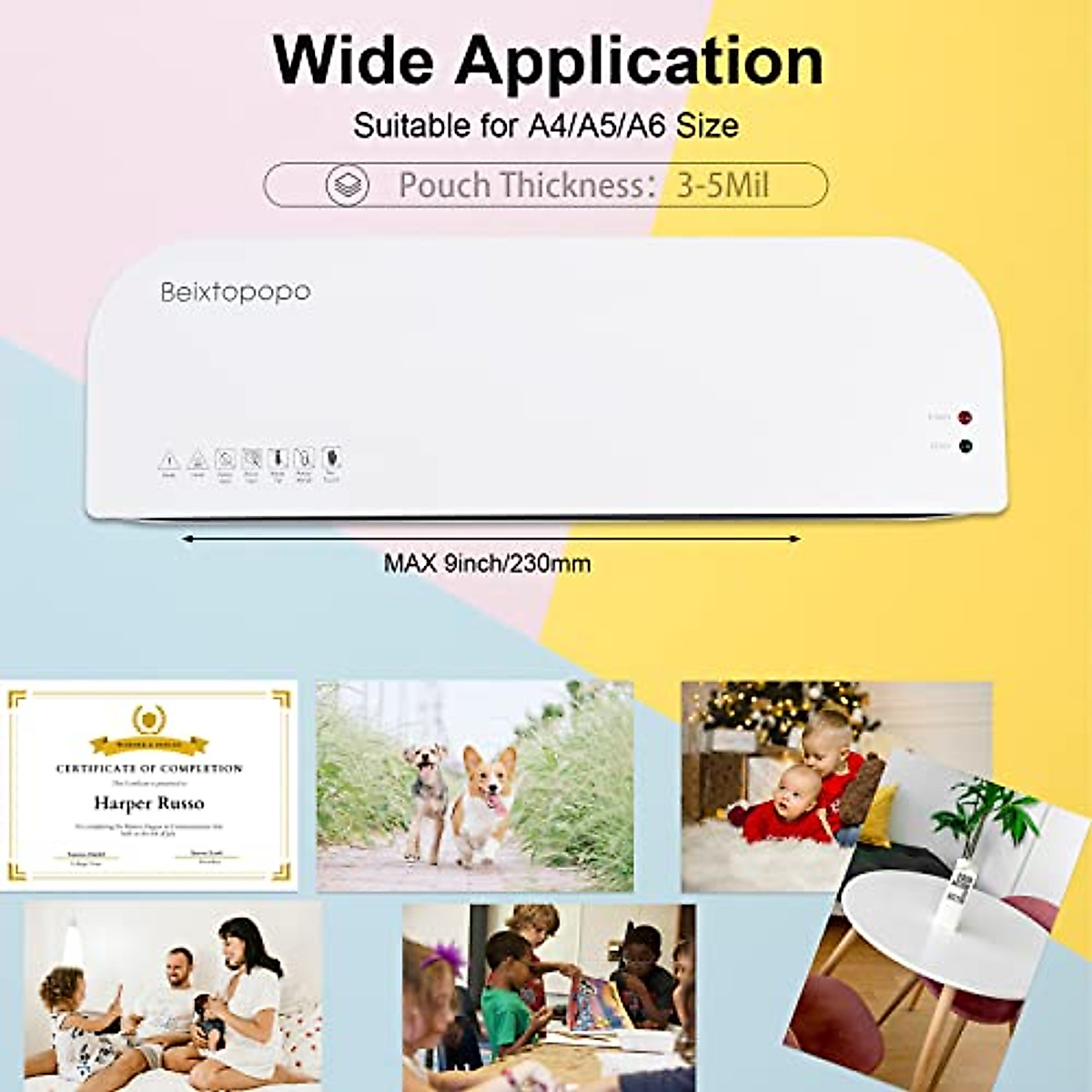 Laminator, A4 Laminator Machine, 9 Inch Thermal Laminator Machine, 4 in 1 Personal Desktop Cold Laminator with Paper Cutter and Corner Rounder 15 Laminating Pouches for Office School Business Use