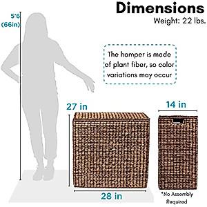 BirdRock Home Oversized Divided Hamper with Liners and Lid - Brown Wash - Handwoven Natural Woven Seagrass Fiber - Organize Clothes Storage - Easy Transport - Extra Large Double Basket - 2 Liners