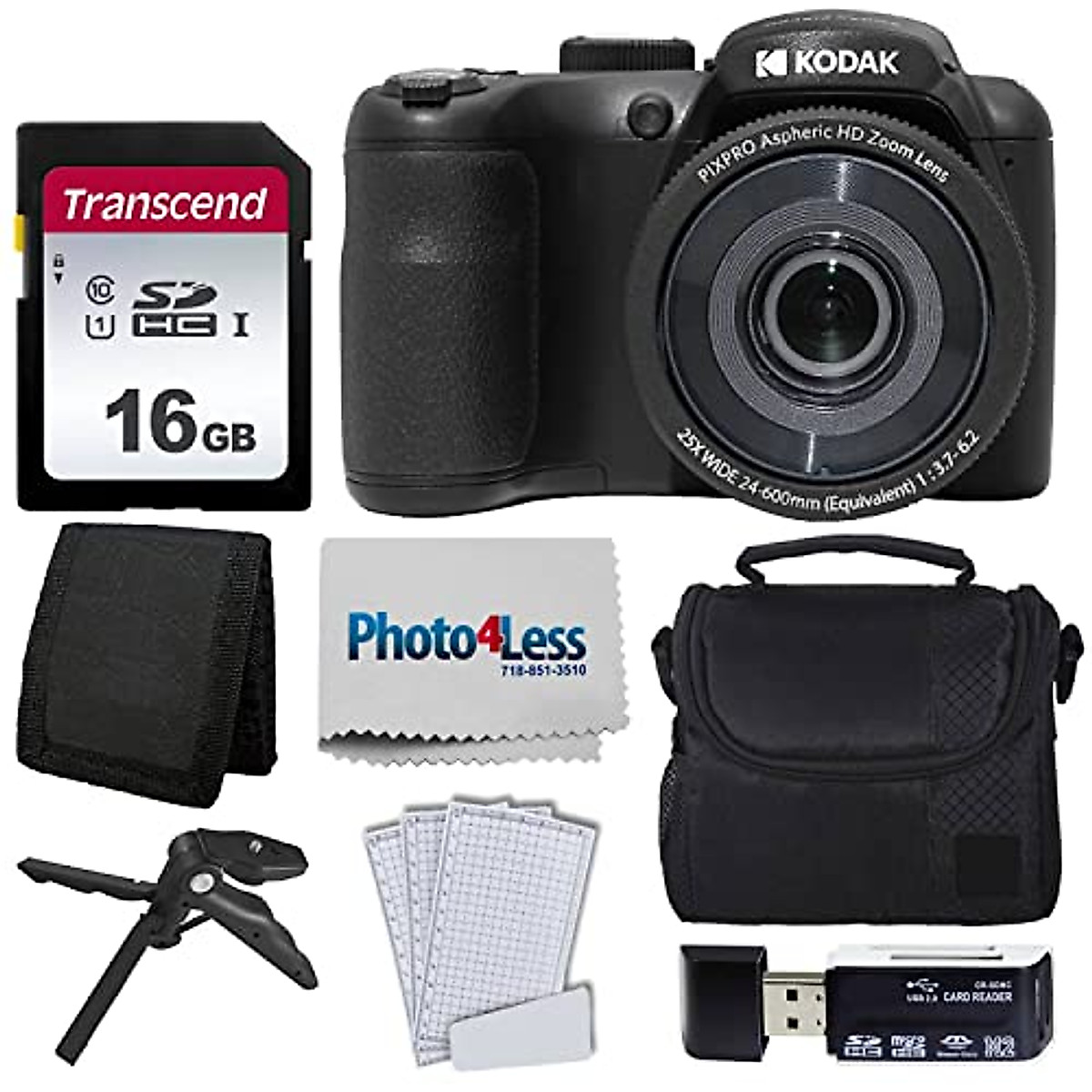 Kodak PIXPRO AZ255 Digital Camera (Black) + Point & Shoot Camera Case + 16GB Memory Card + USB Card Reader + Table Tripod + Accessories