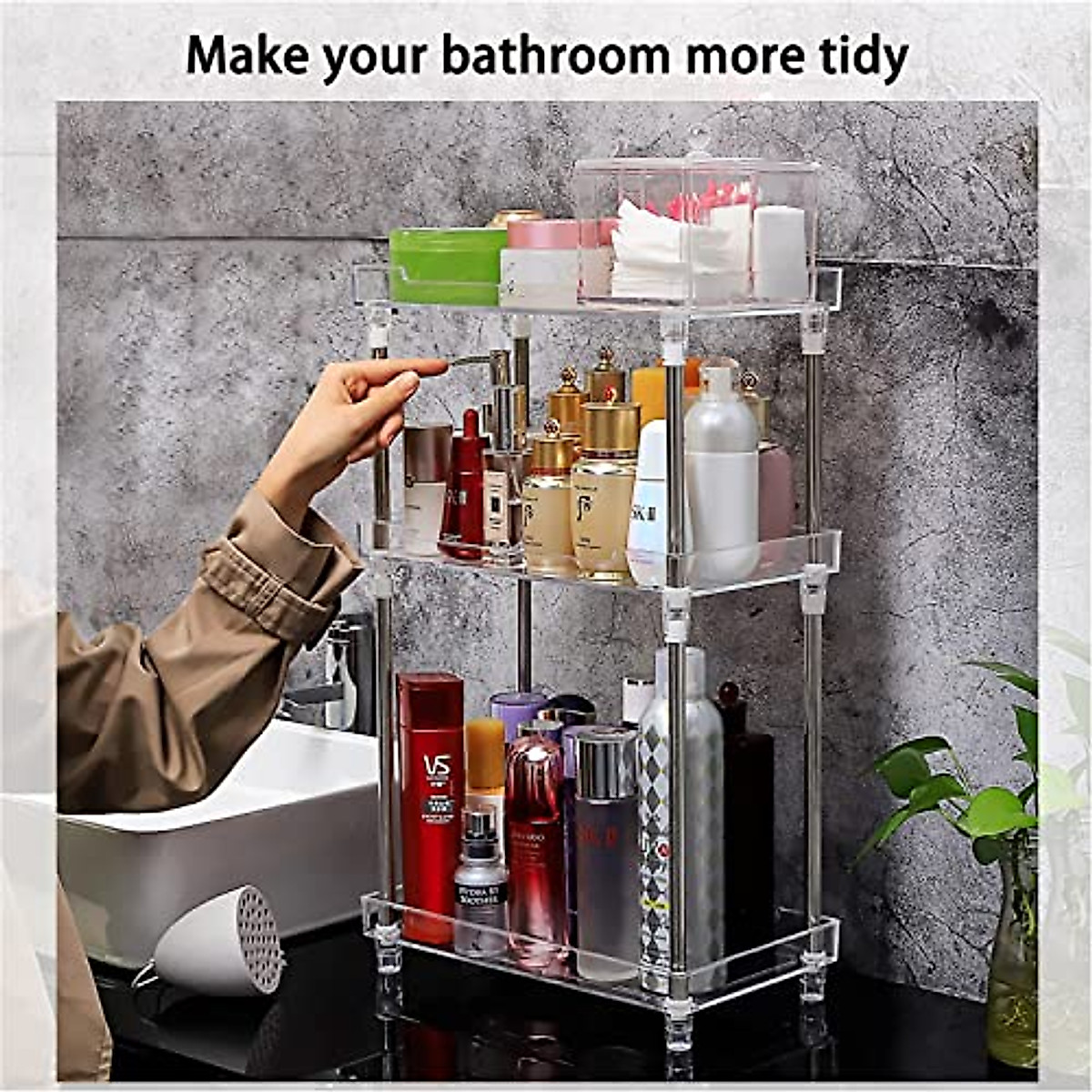 Bathroom Organizer Countertop, 3 Tier Acrylic Vanity Tray, Counter Makeup Organizer for Skincare Cosmetics, Multi-Functional Organizer for Bathroom Kitchen (3 Tier)