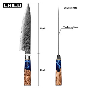 CRICO Damascus Chef Knife 8 inch, Professional Kitchen Knives with Sheath, Forged Japanese VG10 67-Layers Super Steel, Stable-Wood&Resin Handle, Razor Sharp, Gift Box - Flow Series