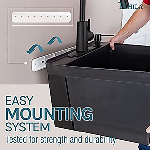 JS Jackson Supplies Tehila Black Wall-Mounted Utility Sink Tub Kit with Black Pull-Down Faucet, Wall-Mounted Utility Tub with Wall Bracket for Laundry Room, Garage, Workshop